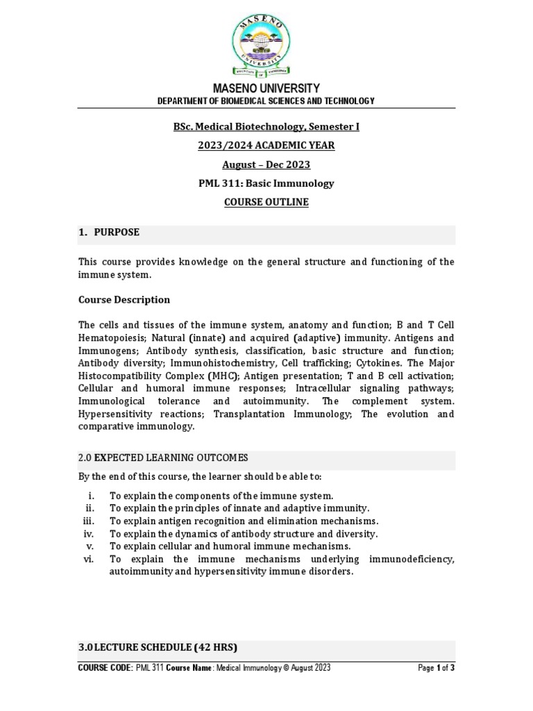 Basic Immunology - PML 311 Course Outline - 29th August 2023 | PDF ...