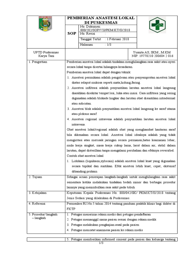 SOP Pemberian Anastesi Lokal Di Puskesmas | PDF