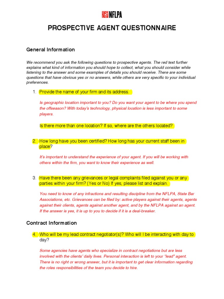Agent Questionnaire | PDF | National Football League | Business