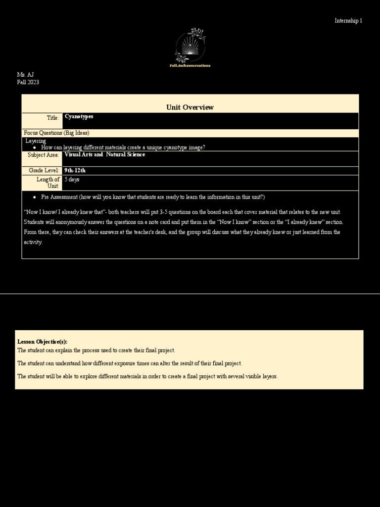 Internship1-Cyanotype Lesson Plan | PDF | Vocabulary | Literacy