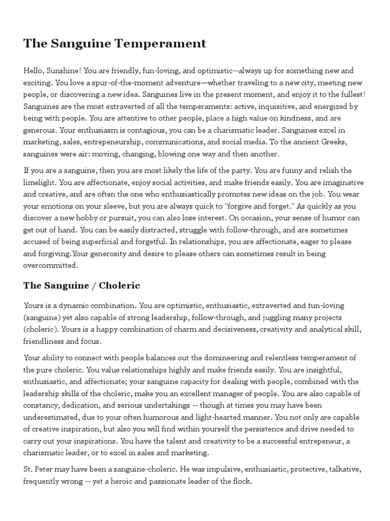 Sanguine - Temperament Quiz | PDF | Temperament | Extraversion And Introversion