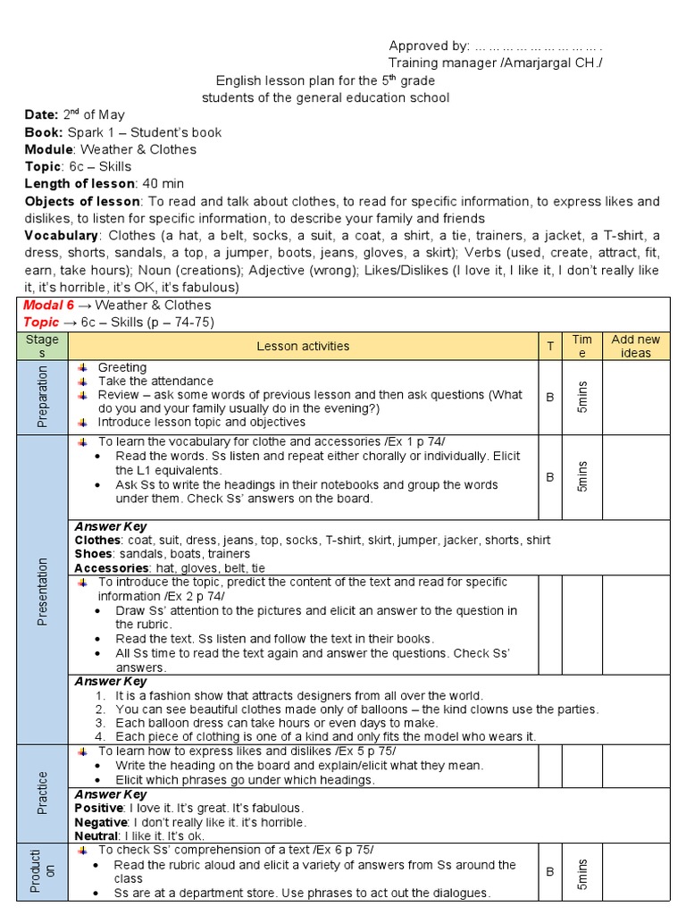 5th Grade English Lesson Plans: Clothes & Weather | PDF | Clothing | Verb
