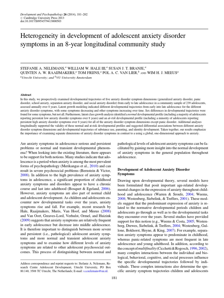 Heterogeneity in Development of Adolescent Anxiety Disorder Symptoms in ...