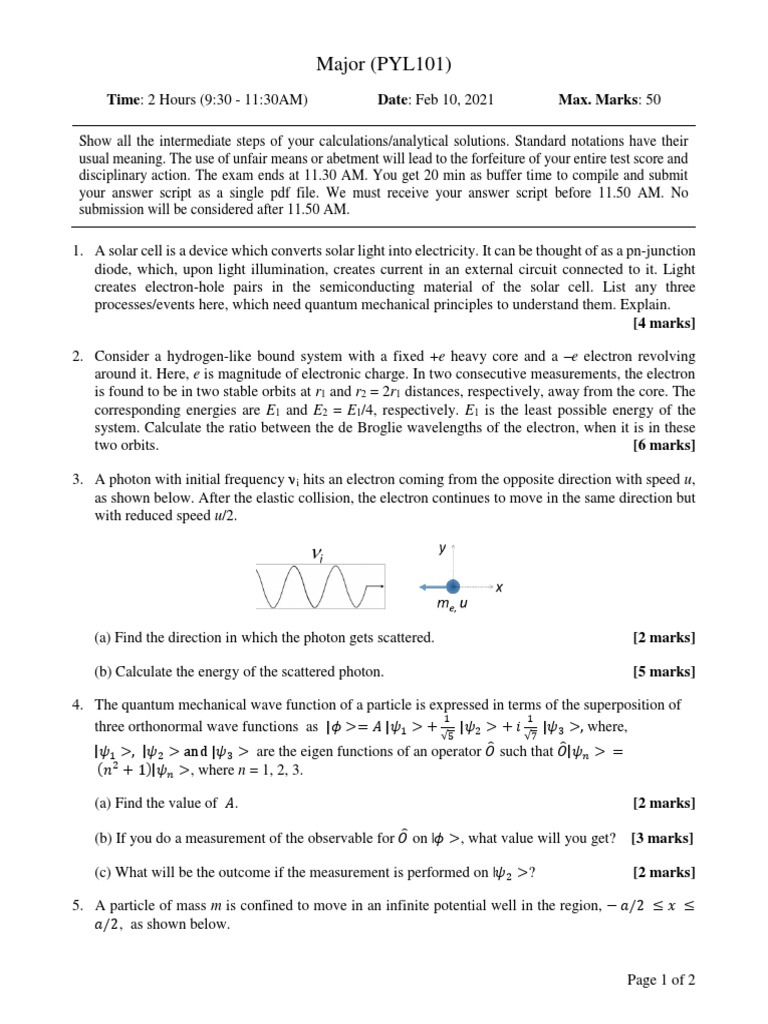 (Fall20) PYL101 Major | PDF | Wave Function | Electron