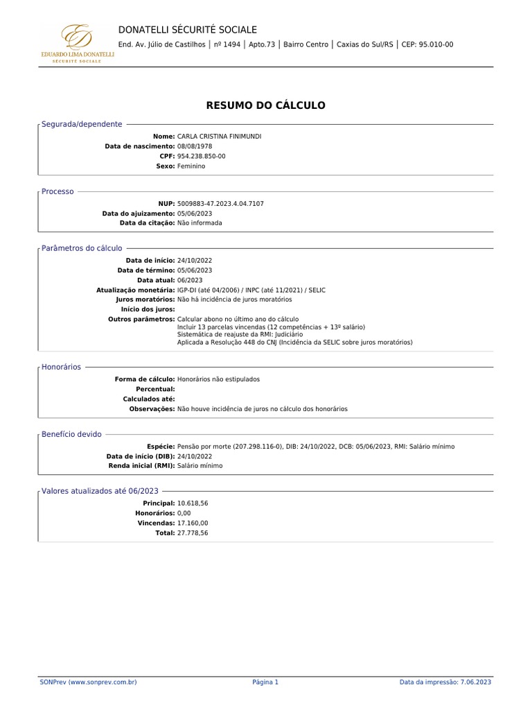 Cálculo de Atrasados - CARLA CRISTINA FINIMUNDI - 5009883-47.2023.4.04 ...