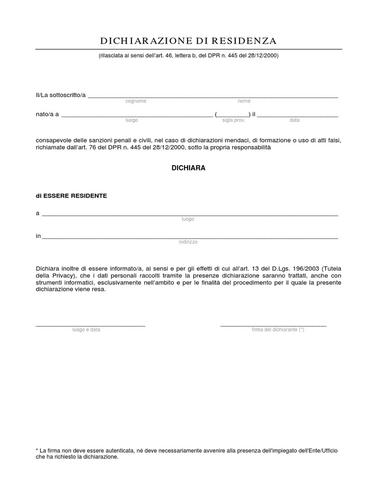 Modello Autocertificazione Residenza | PDF