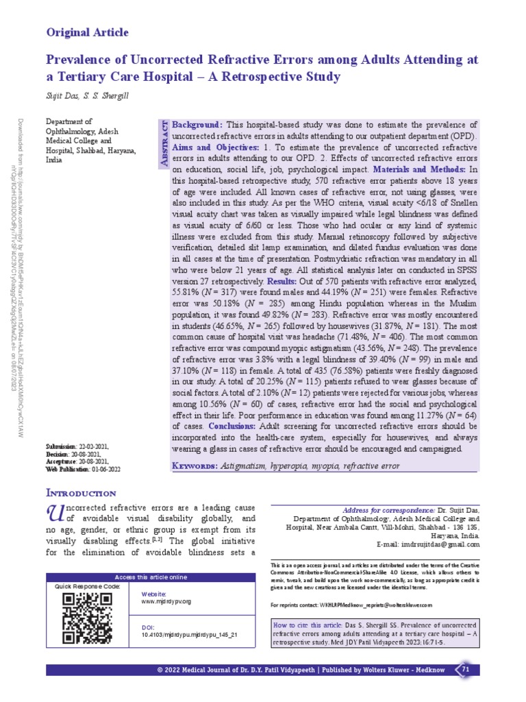 Prevalence Of Uncorrected Refractive Errors Among Adults Attending At A Tertiary Care Hospital