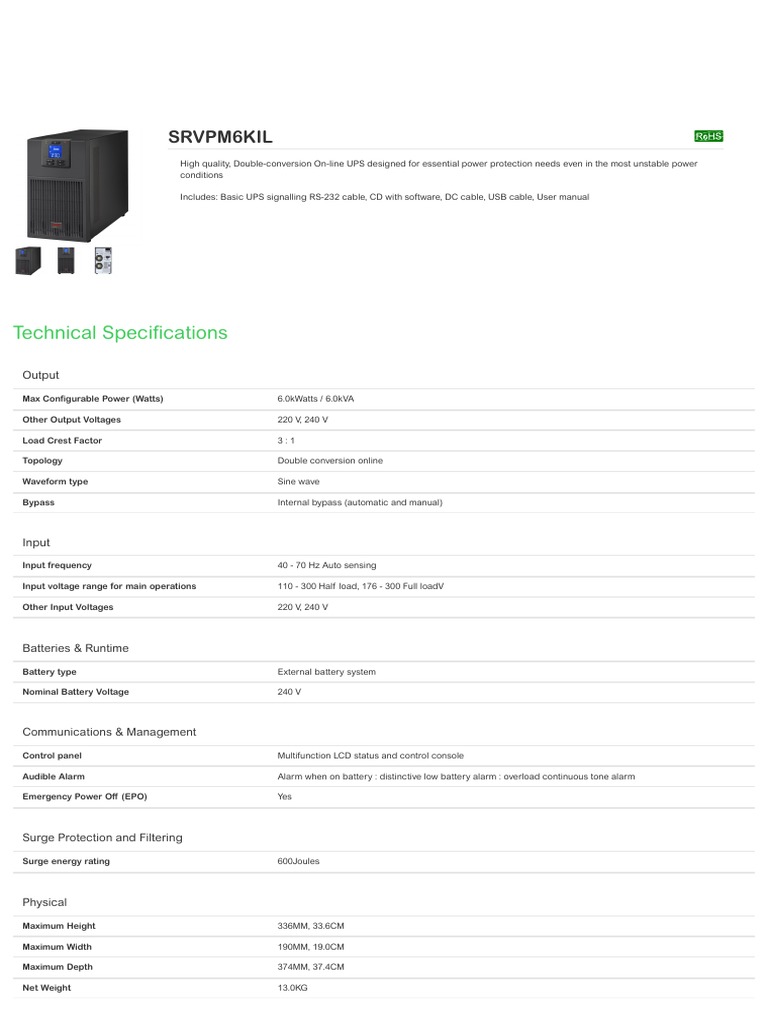 APC Easy UPS On-Line SRV 6000VA 230V Extended Runtime Model, No Battery - APC | Download Free ...