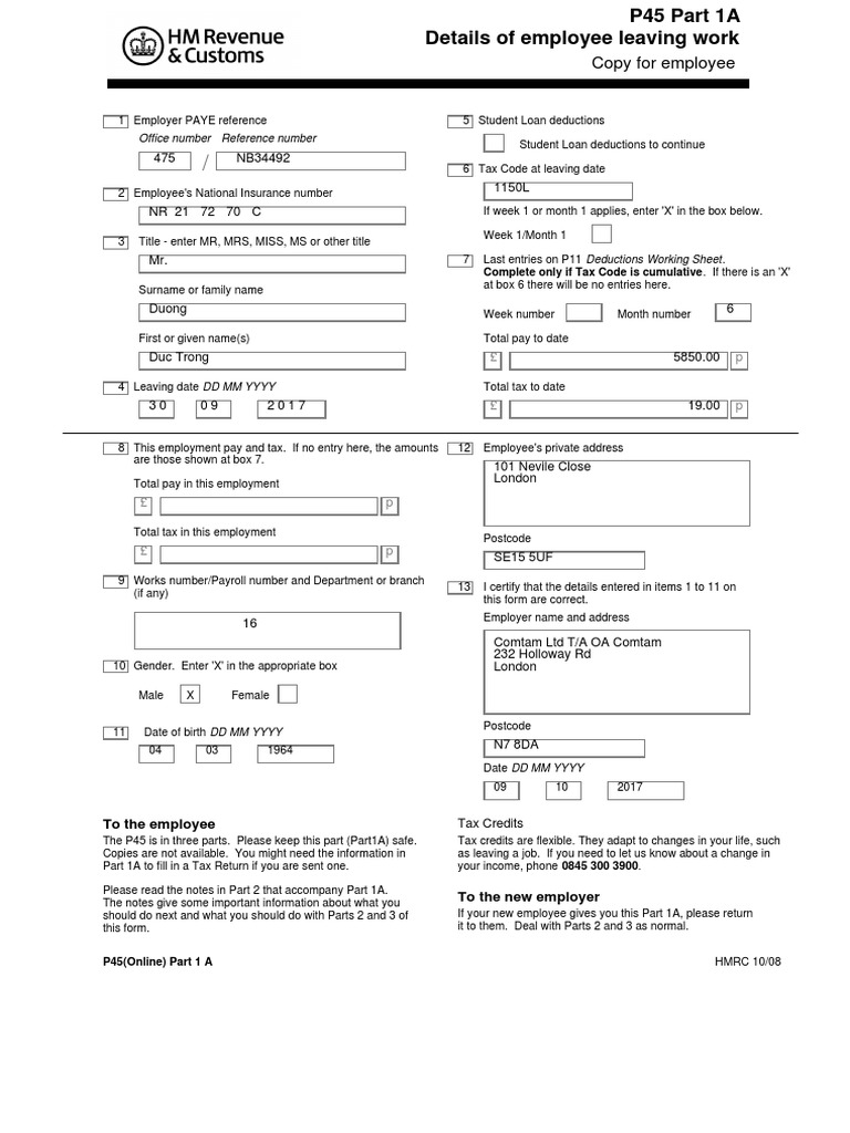 P45 (ONLINE) Duc Trong Duong 2 | PDF | Payroll Tax | Taxes