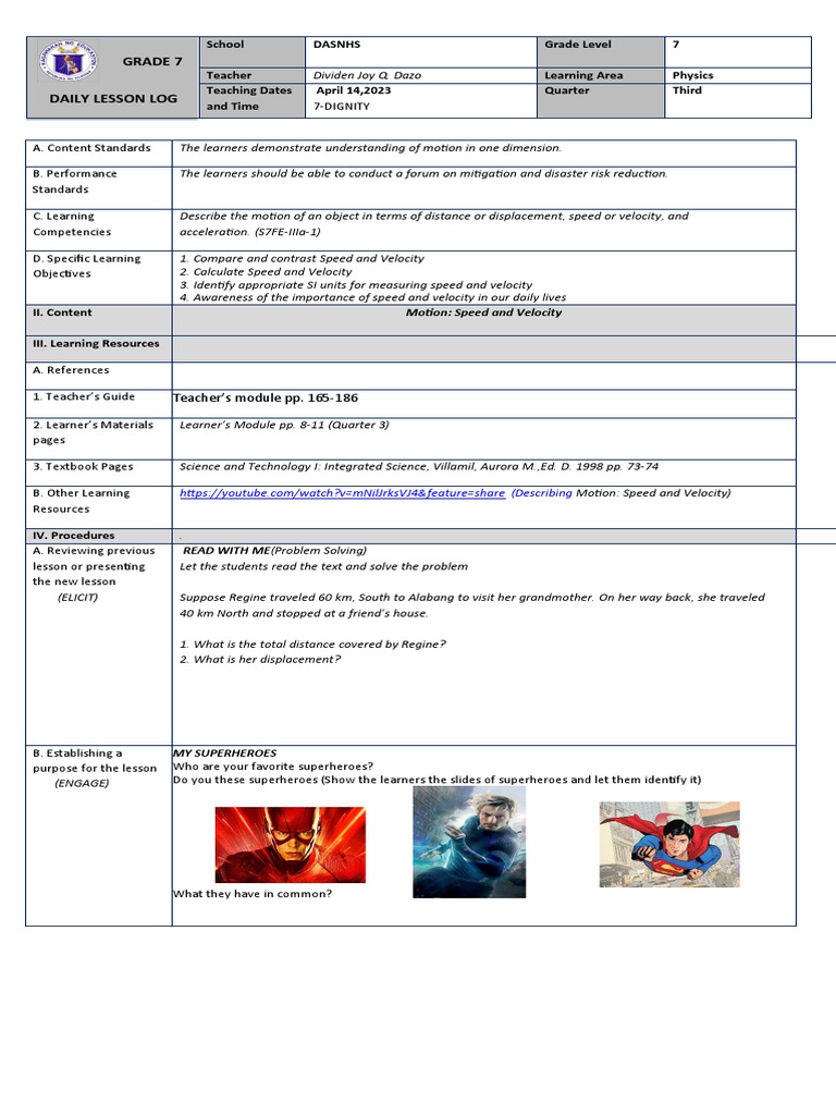 Speed Velocity Dj. Dazo Cot 1 Final 1 | PDF | Velocity | Speed