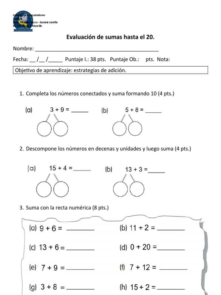 Evaluación de Sumas hasta 20 | PDF