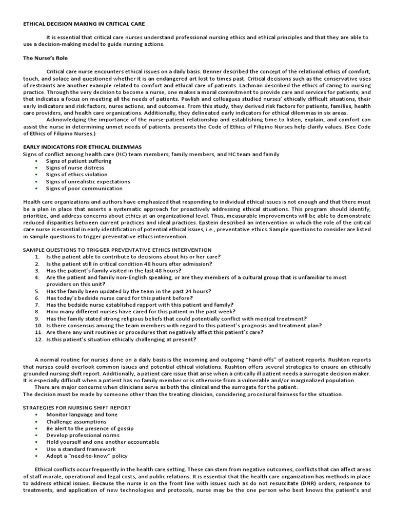 Ethical Decision Making in Critical Care | PDF