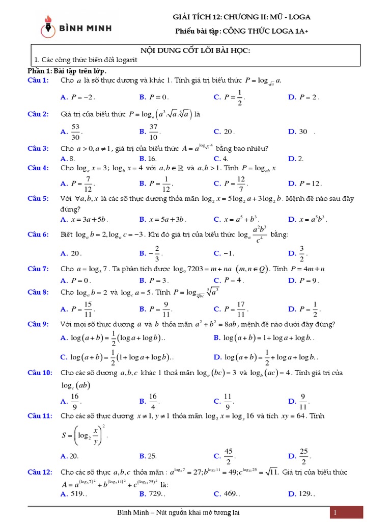 Công TH C Loga 1A | PDF