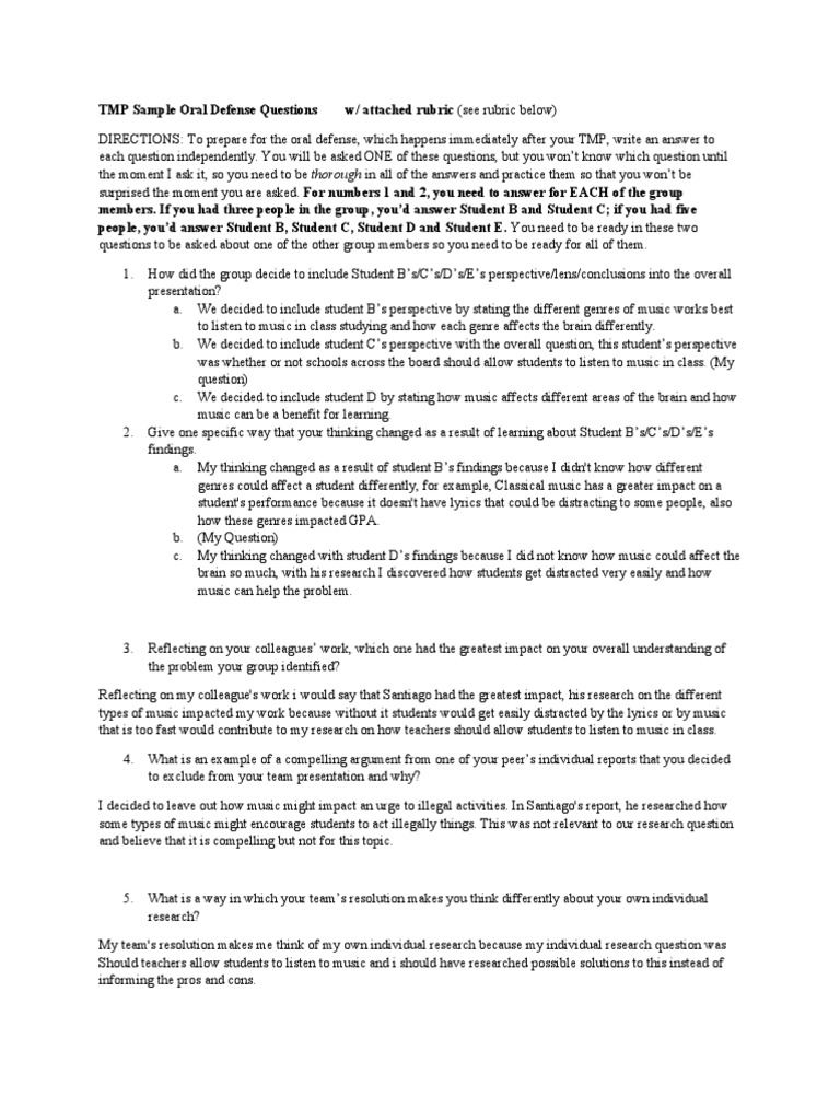 TMP Oral Defense Student Questions 2022 With Rubric | PDF | Human ...