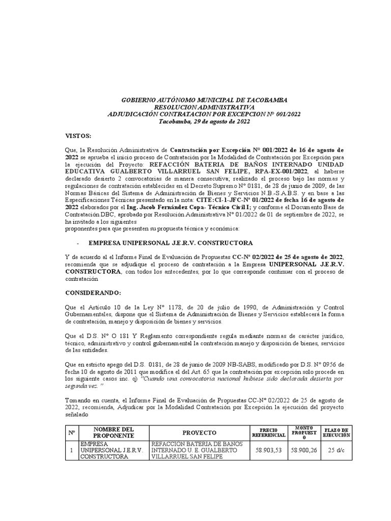 Resolucion de Adjudicacion | PDF | Regulación | Alcalde