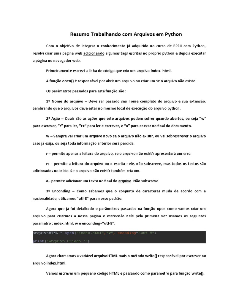 Resumo Arquivos Python | PDF | Python (linguagem de programação) | Html Resumo Arquivos Python | PDF | Python (linguagem de programação) | Html