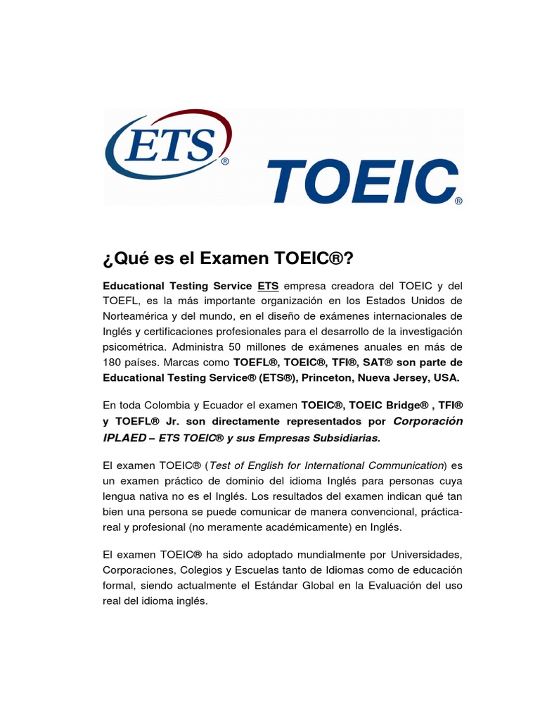 Qué Es El Examen TOEIC | PDF | Prueba de Inglés como Lengua Extranjera | Idioma en Inglés