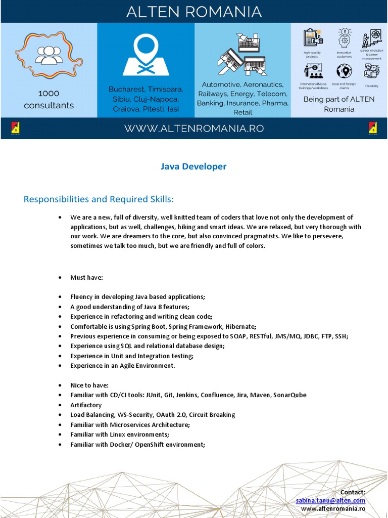 Java BE Developer - JD Alten Romania | PDF | Computers