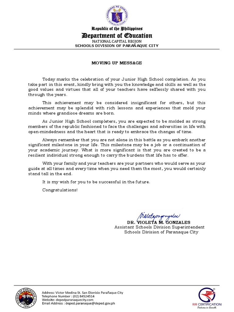 Graduation and Moving Up Message | PDF