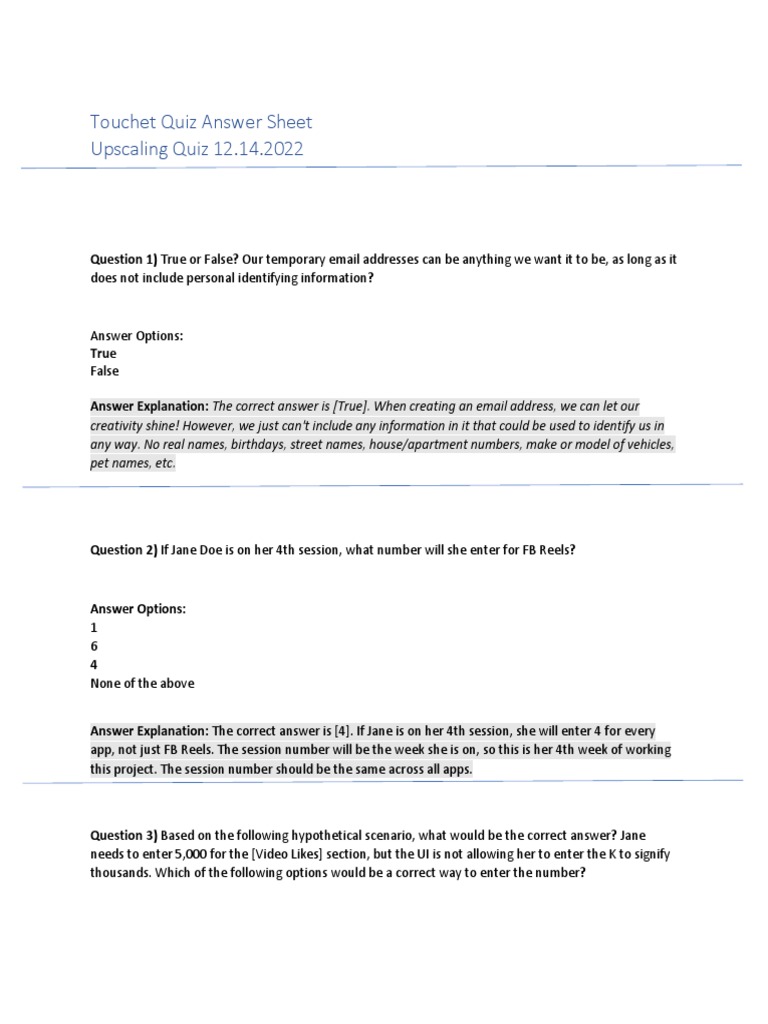 Touchet Quiz Answer Sheet 12.14 | PDF