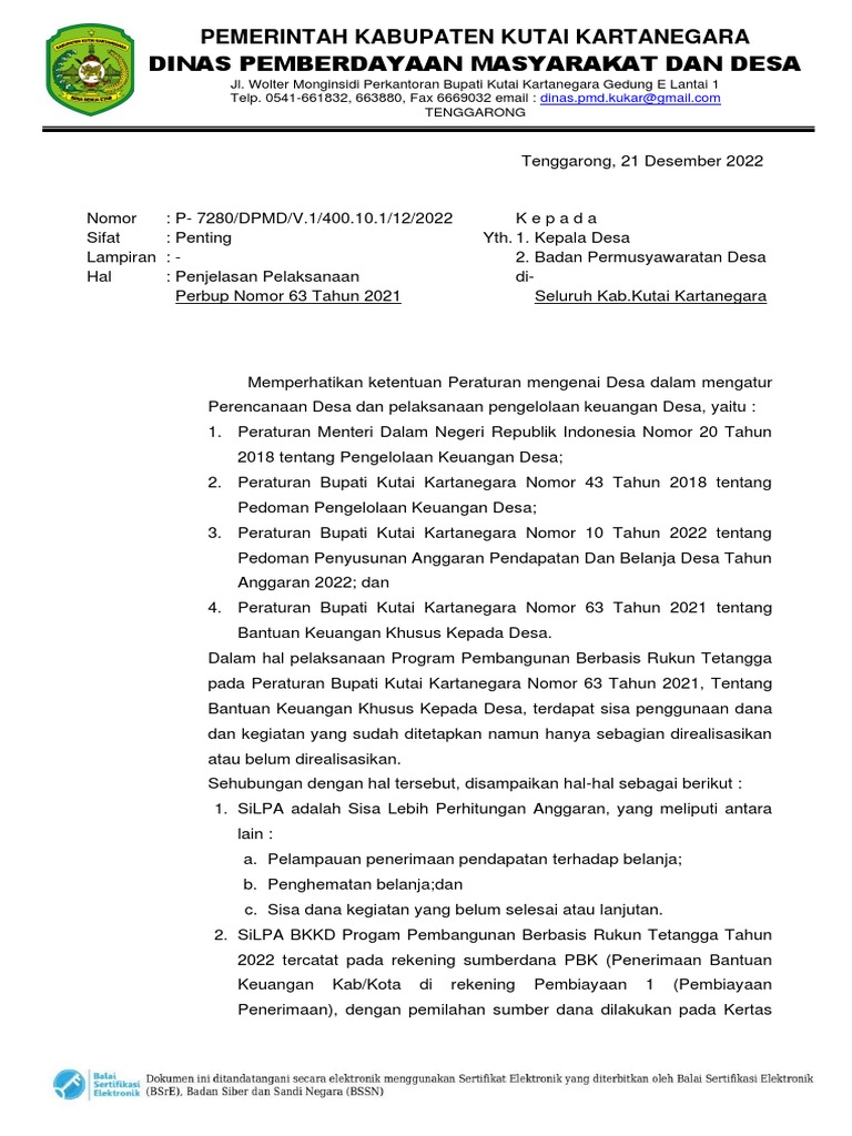 Kelembagaan - Surat Penjelasan SiLPA BKKD RT 2022 - Signed - Signed ...
