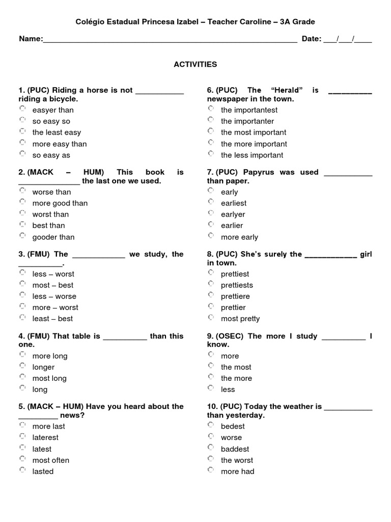 ACTIVITIES SUPERLATIVO COMPARATIVO 3A Prin | PDF