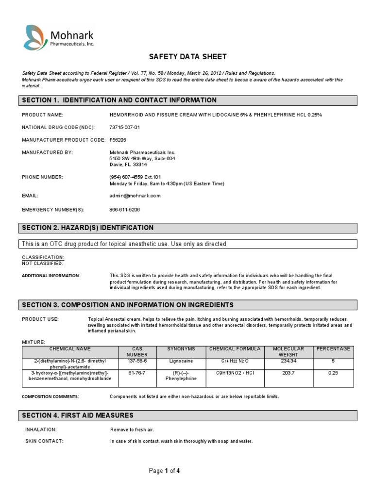 Lidocaine 5% + Phenylephrine HCL 0.25% f56205 Safety Data Sheet | PDF ...