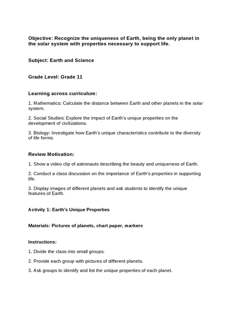 Lesson - Plan Eath and Life | PDF | Planets | Life