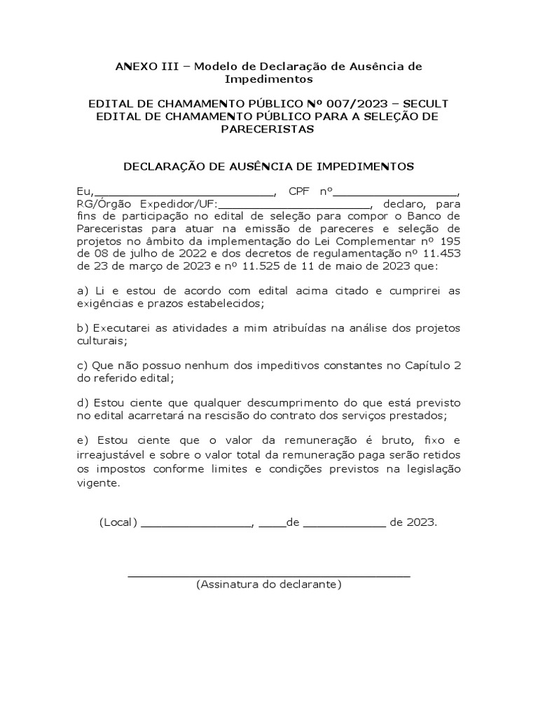 Anexo III - Modelo de Declaracao de Ausencia de Impedimentos | PDF