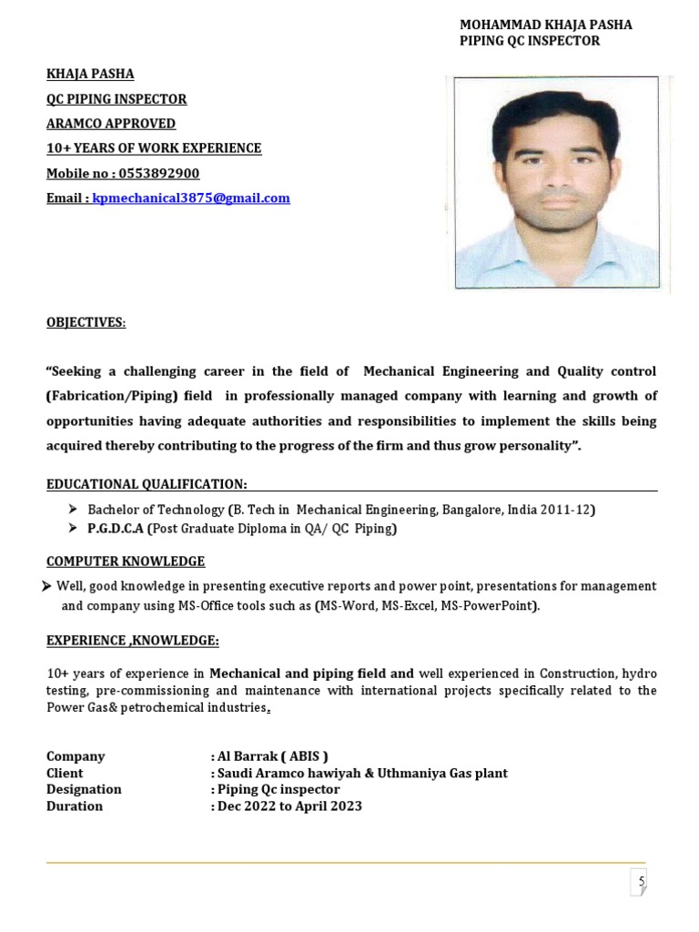 CV of Khaja Pasha - QC Piping Inspector | PDF