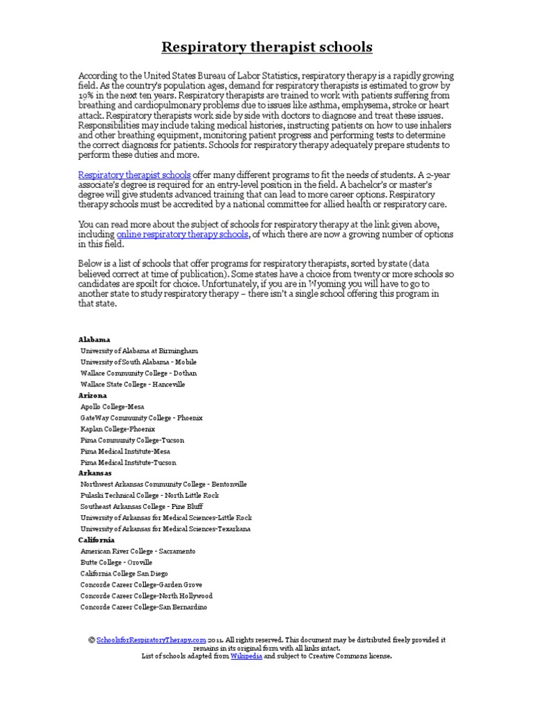List of Respiratory Therapist Schools | PDF | Medicine | Health Care