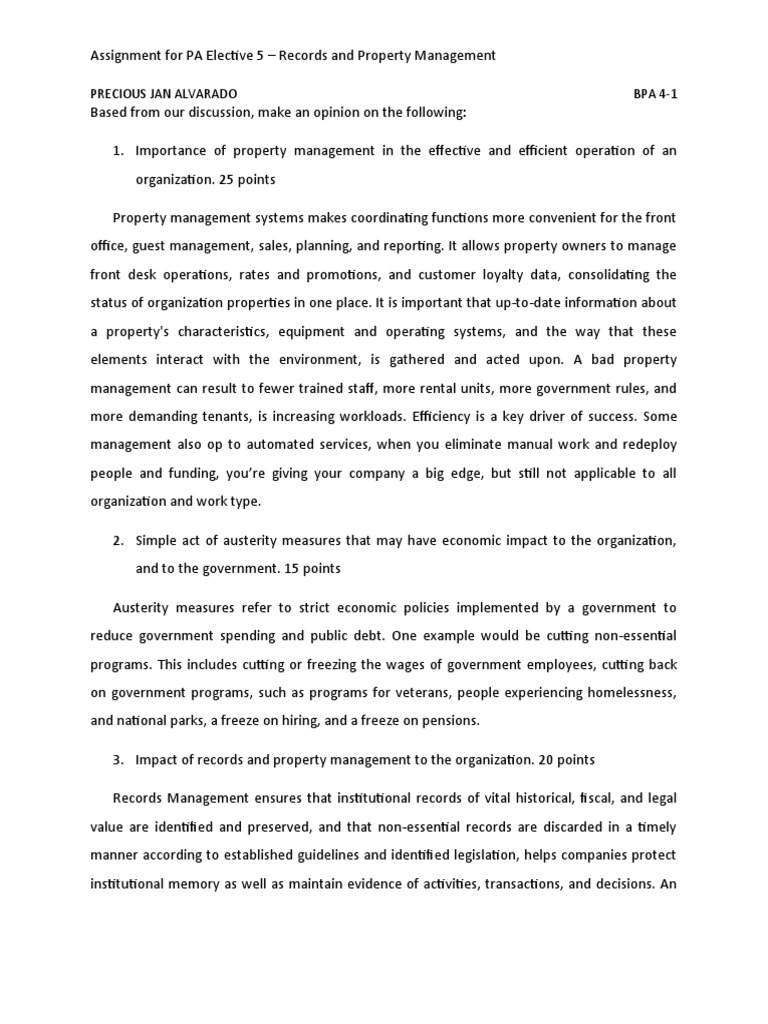 Assignment for PA Elective 5 – Records and Property Management | PDF | Austerity | Property ...