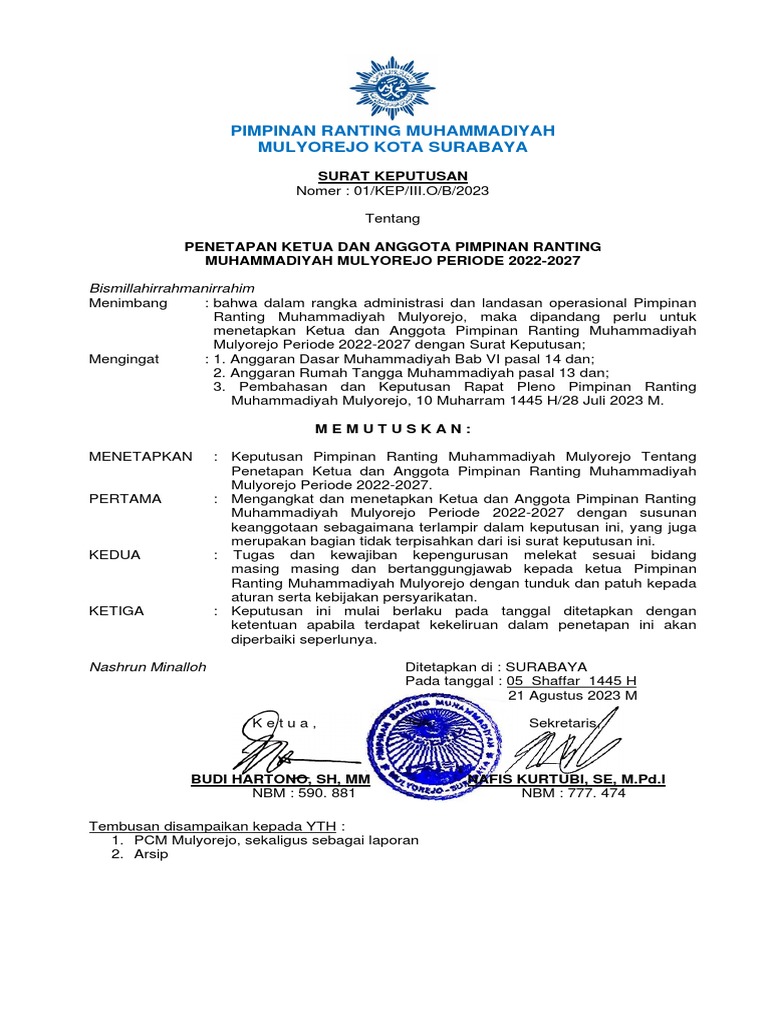 SK Pimpinan Ranting Muhammadiyah 2022-2027 | PDF