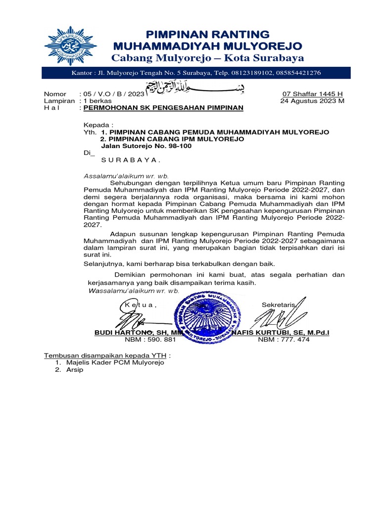Surat No 5, Permohonan SK PR Ipm Mulyorejo 2022-2027 | PDF