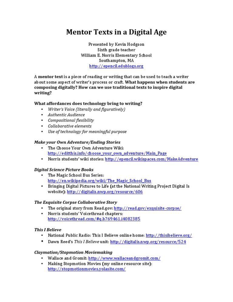 Mentor Texts and Digital Writing: The Handout | PDF