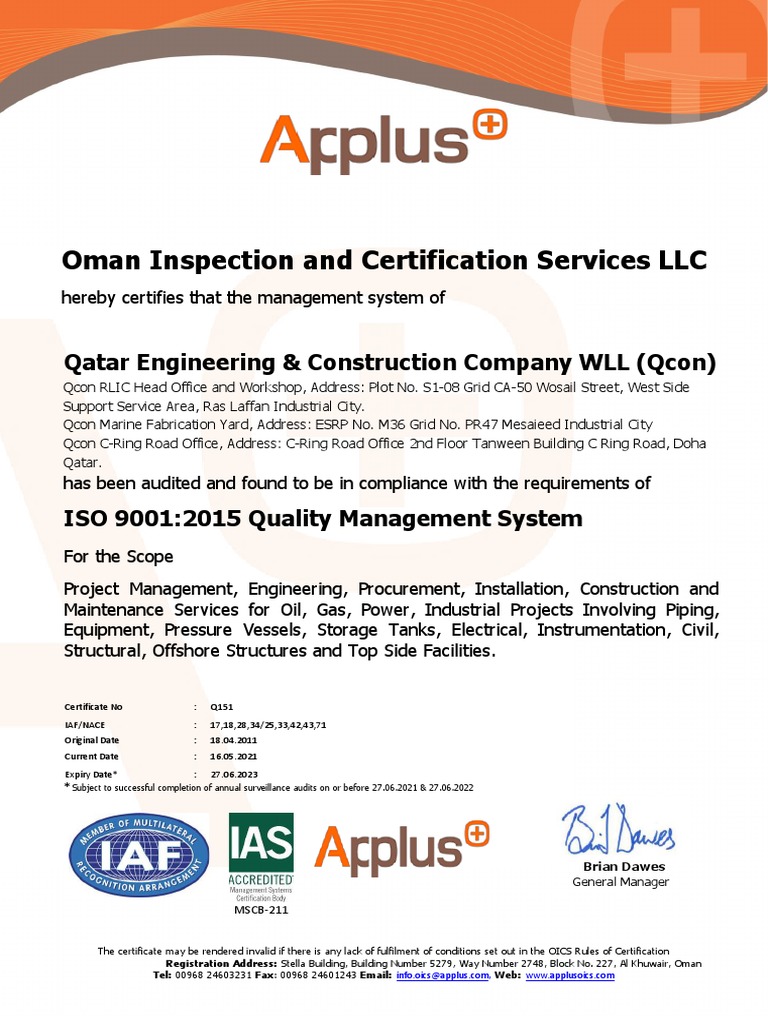 Q151 Final Certificate Qatar Engineering and Construction Company | PDF