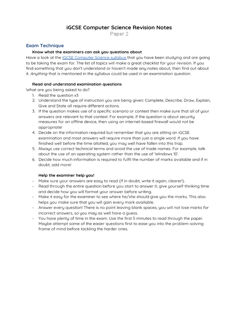 Paper 2 Computer Science Igcse Notes Pdf Table Database Control Flow