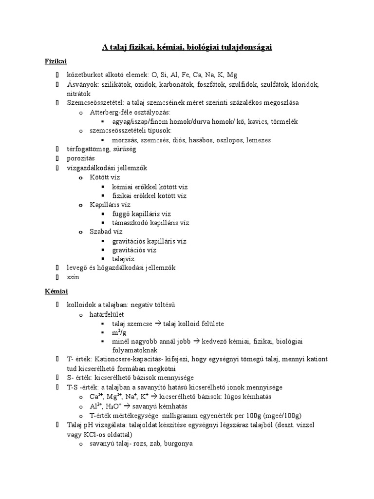 A Talaj Fizikai, Biológiai, Kémiai Tulajdonságai | PDF