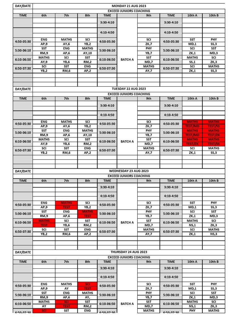 Time Table Ejc 21 To 26 Aug 2023 | PDF
