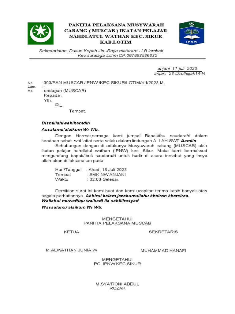 Undangan Muscab IPNW Kec. Sikur | PDF