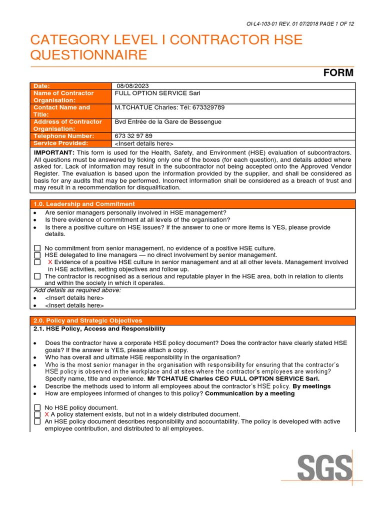 SGS-OI-L4-103-01 Category Level I Contractor HSE Questionnaire (2) 080823 | PDF | Iso 9000 | Risk