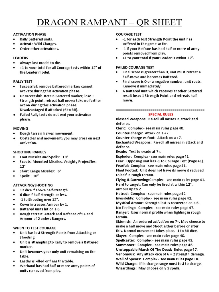 Dragon Rampant Rules QR Sheet v1 | PDF