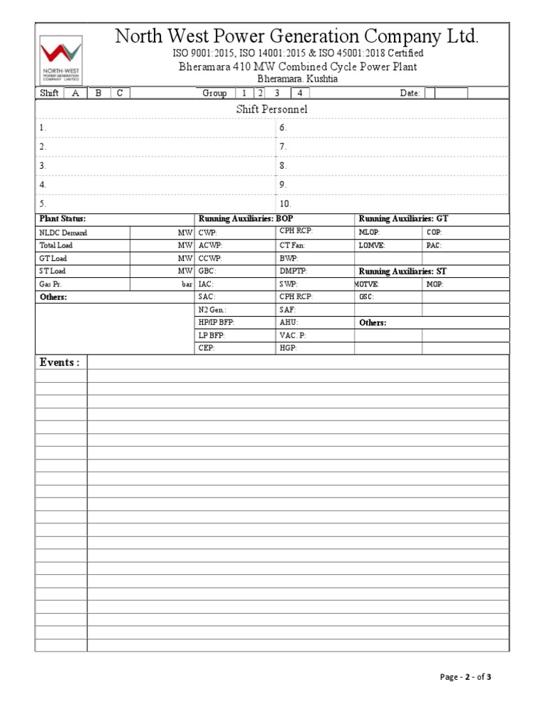 Shift Diary (Proposed) | PDF | Power Engineering | Energy Production