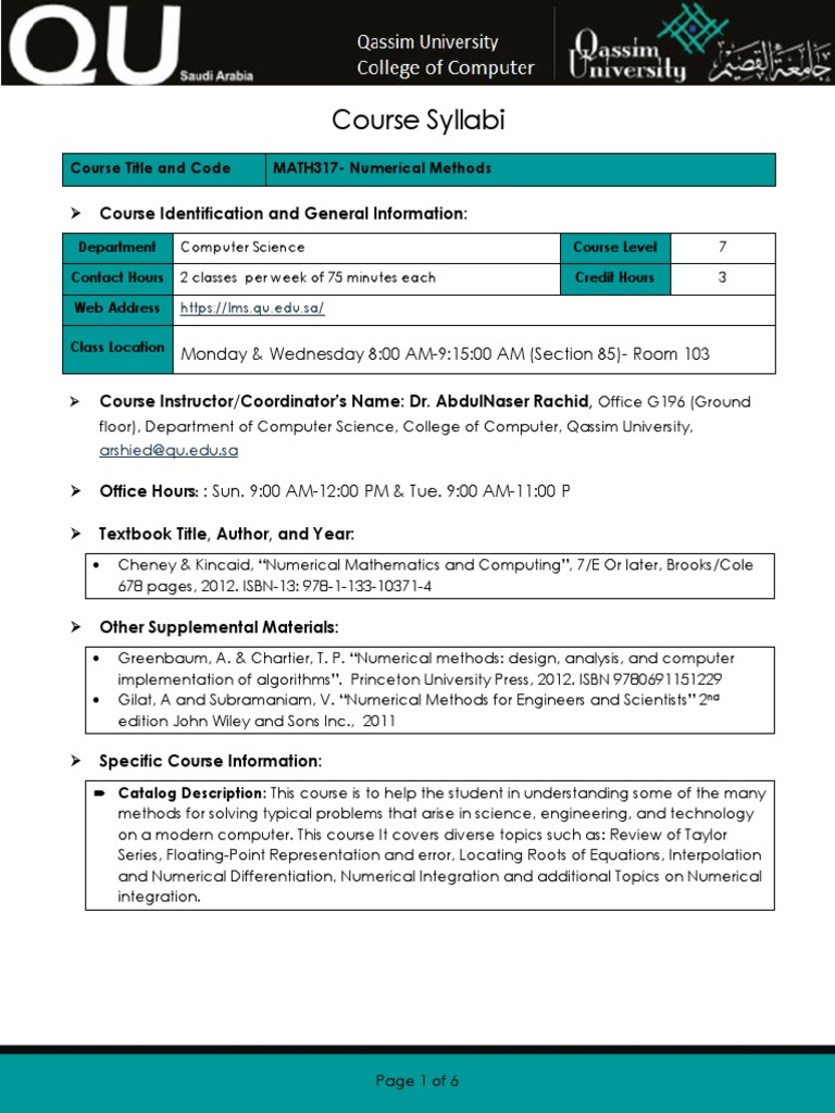 Course Syllabus MATH317 Spring2022 Dept Version Final | PDF | Integral | Numerical Analysis