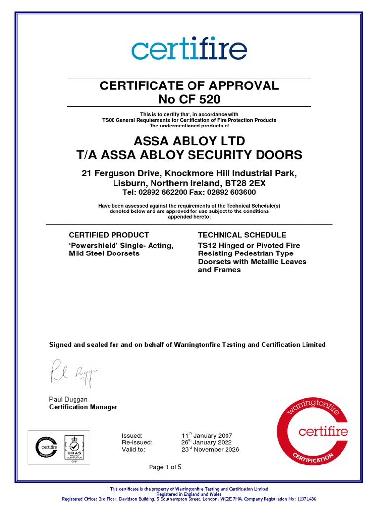 ASSA ABLOY Powershield Certification CF 520 | PDF