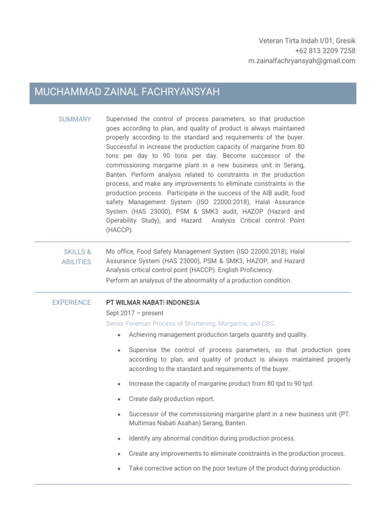 CV Muchammad Zainal Fachryansyah | PDF | Hazard Analysis And Critical Control Points | Chemistry