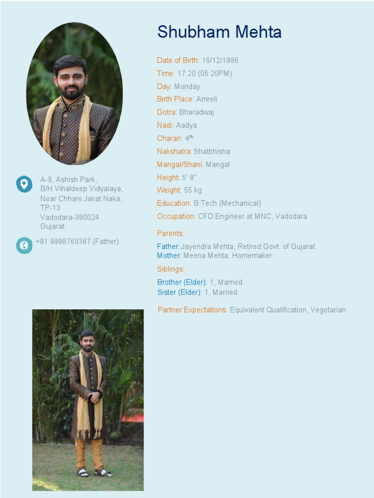 Shubham Mehta's Bio & Partner Criteria | PDF
