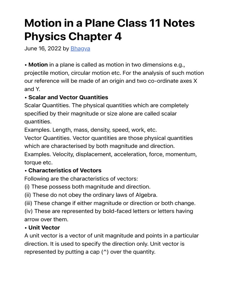 Motion in A Plane Class 11 Notes Physics Chapter 4 - Learn CBSE | PDF ...