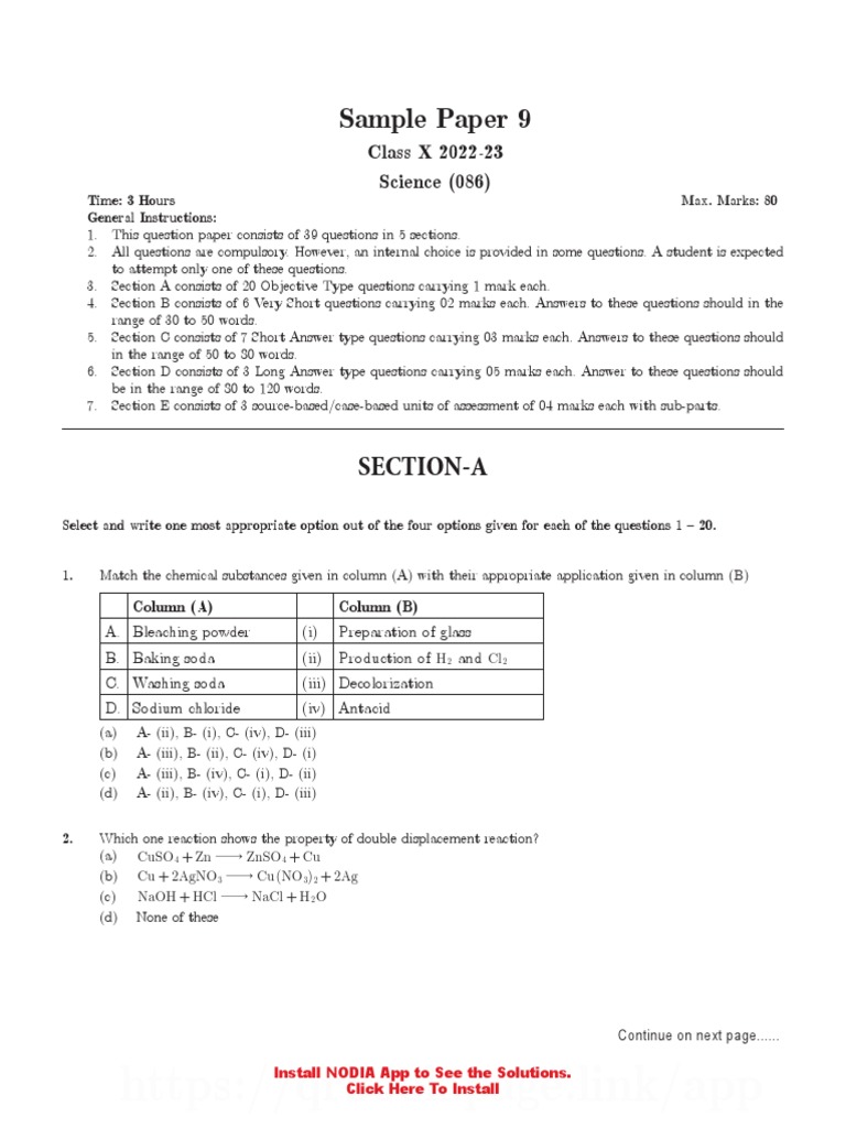 SC Sample Paper 9 Unsolved (PDF - Io) | PDF | Plant Hormone | Chemistry