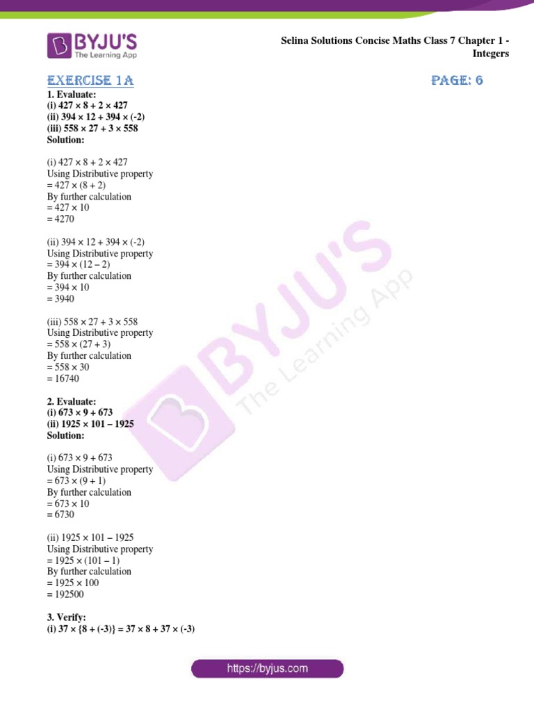 Selina Sol Concise Maths Class 7 Ch1 Integers | PDF | Numbers | Integer